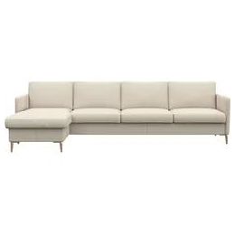 Ecksofa FLEXLUX "Fiore, super Sitzkomfort durch Kaltschaum im Sitz, L-Form" Sofas Gr. B/H/T: 280cm x 85cm x 159cm, Echtleder, Chaiselongue links, weiß (warm white) schmale Armlehnen, Füße Alu+ Eiche