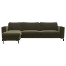 Ecksofa FLEXLUX "Fiore, super Sitzkomfort durch Kaltschaum im Sitz, L-Form" Sofas Gr. B/H/T: 262cm x 85cm x 92cm, Velvet, Chaiselongue links, grün (moss green) breite Armlehnen, Kaltschaum, Füße Alu+schwarz