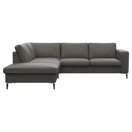 Ecksofa FLEXLUX "Fiore, L-Form" Sofas Gr. B/H/T: 241cm x 85cm x 225cm, Echtleder, Ottomane links, grau (warm mineral) breite Armlehnen, Füße Aluschwarz, BT 241225 cm, Kaltschaum im Sitz