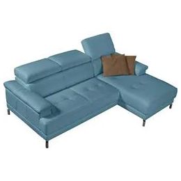 Ecksofa Egoitaliano "Soul, Design und Sitzkomfort auf hohem Niveau, tolle Details, L-Form" Sofas Gr. B/H/T: 250cm x 99cm x 166cm, Leder BULL, Recamiere rechts, mit Kopfteilverstellung, blau (türkis) mit Recamiere, inkl. Kopfteilverstellung