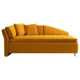 Schlafsofa Alina Sofas Gr. B/H/T: 223cm x 80cm x 102cm, Samtstoff TSV, Armlehne links, Armlehne links, gelb (ocker tsv 5) Bettkasten, Zierkissen-Set aus: 2 Stk. 40x40cm, 1 30x30cm