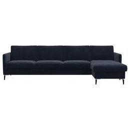 Ecksofa FLEXLUX "Fiore, L-Form, bequem und komfortabel durch hochwertigem Sitzaufbau" Sofas Gr. B/H/T: 280cm x 85cm x 159cm, Velvet, Chaiselongue rechts, blau (royal blau) schmale Armlehnen, Kaltschaum, Füße Alu+schwarz