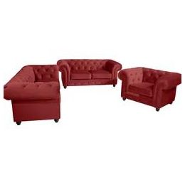 Polstergarnitur Max Winzer "Old England Chesterfield, hochwertig und elegant" Sitzmöbel-Sets Gr. H/T: 76cm x 96cm, Samtvelours 20442, rot (ziegel) mit edler Knopfheftung, 3-tlg.