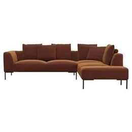 Ecksofa FLEXLUX "Sava Designsofa, bequem und komfortabel, L-Form" Sofas Gr. B/H/T: 319cm x 94cm x 222cm, Velvet, lange Ottomane rechts, braun (cognac) Taschenferderkern-Sitz mit Kaltschaum, lose Rücken- & Dekokissen