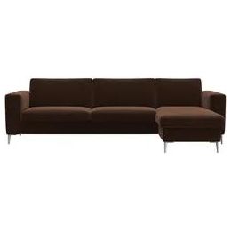 Ecksofa FLEXLUX "Fiore, super Sitzkomfort durch Kaltschaum im Sitz, L-Form" Sofas Gr. B/H/T: 262cm x 85cm x 92cm, Velvet, Chaiselongue rechts, braun (tobacco) breite Armlehnen, Füße Alu