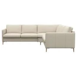 Ecksofa FLEXLUX "Fiore, gleichschenklig, bequem durch hochwertigem Sitzaufbau" Sofas Gr. B/H/T: 249cm x 85cm x 92cm, Echtleder, Schenkel links, weiß (warm white) schmale Armlehnen, Kaltschaum, Füße Alu+ Eiche