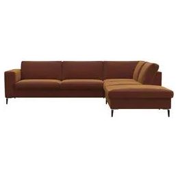 Ecksofa FLEXLUX "Fiore, super Sitzkomfort durch Kaltschaum im Sitz, L-Form" Sofas Gr. B/H/T: 273cm x 85cm x 225cm, Velvet, Ottomane rechts, braun (cognac) breite Armlehnen, Füße Alu+schwarz