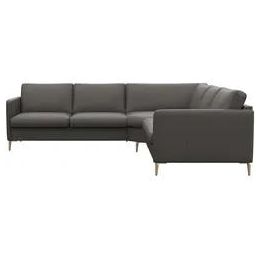 Ecksofa FLEXLUX "Fiore, gleichschenklig, bequem durch hochwertigem Sitzaufbau" Sofas Gr. B/H/T: 249cm x 85cm x 92cm, Echtleder, Schenkel links, grau (warm mineral) schmale Armlehnen, Kaltschaum, Füße Alu+ Eiche