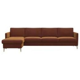 Ecksofa FLEXLUX "Fiore, super Sitzkomfort durch Kaltschaum im Sitz, L-Form" Sofas Gr. B/H/T: 280cm x 85cm x 159cm, Velvet, Chaiselongue links, braun (cognac) schmale Armlehnen, Füße Alu+ Eiche