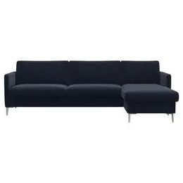 Ecksofa FLEXLUX "Fiore, super Sitzkomfort durch Kaltschaum im Sitz, L-Form" Sofas Gr. B/H/T: 247cm x 85cm x 92cm, Velvet, Chaiselongue rechts, blau (royal blau) schmale Armlehnen, Füße Alu