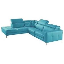 Ecksofa Egoitaliano "Matt, hoher Sitzkomfort und aufwendige Detailverarbeitung, L-Form" Sofas Gr. B/H/T: 285cm x 100cm x 221cm, Leder BULL, Ottomane links, blau (türkis) mit Ottomane, inkl. verstellbarer Kopfteile zum Relaxen