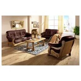 Polstergarnitur Max Winzer "Texas Set besehend aus 2er- und 3er-Sofa, bequeme legere Polsterung" Sitzmöbel-Sets Gr. H/T: 95cm x 98cm, NaturLEDER, rot (burgund) mit dekorativem Eichenholzgestell, Retro Klassiker