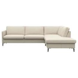 Ecksofa FLEXLUX "Fiore, super Sitzkomfort durch Kaltschaum im Sitz, L-Form" Sofas Gr. B/H/T: 266cm x 85cm x 225cm, Echtleder, Ottomane rechts, weiß (warm white) schmale Armlehnen, Füße Alu+schwarz