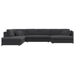 Wohnlandschaft FLEXLUX "Lovane, U-Form, bequem und komfortabel" Sofas Gr. B/H/T: 400cm x 84cm x 272cm, Lederoptik, langer Schenkel links, schwarz (gorilla schwarz) Weich & anschmiegsam, große Sitztiefe auf Kaltschaum, Dekokissen inkl.