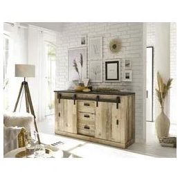 Sideboard Home Affaire "SHERWOOD", braun (old style hell dekor), B:161cm H:91cm T:43cm, Sideboards, Holz Dekor, mit Scheunentorbeschlag und Apothekergriffen, Breite 161cm