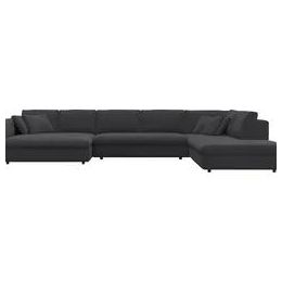 Wohnlandschaft FLEXLUX "Lovane, U-Form, bequem und komfortabel" Sofas Gr. B/H/T: 400cm x 84cm x 272cm, Lederoptik, langer Schenkel rechts, schwarz (gorilla black) Weich & anschmiegsam, große Sitztiefe auf Kaltschaum, Dekokissen inkl.