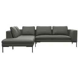 Ecksofa FLEXLUX "Loano, superbequemer Sitzkomfort durch Kaltschaum im Sitz" Sofas Gr. B/H/T: 284cm x 86cm x 230cm, Echtleder, lange Ottomane links, grau (warm mineral grey) modernes Sofa, frei im Raum stellbar, lose Kissen