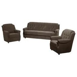 Polstergarnitur Max Winzer "Freiburg, Set: 3-Sitzer Kippsofa, 2-Sitzer, Sessel, hohe Rückenlehne" Sitzmöbel-Sets Gr. Flockstoff 24259, braun bequeme Federkernunterfederung, zeitloses Design mit Zierknöpfen