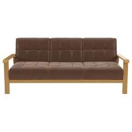 Sit & More 3-Sitzer SIT & MORE "Billund" Sofas Gr. B/H/T: 199cm x 88cm x 106cm, Luxus-Microfaser Vintageoptik, mit Schlaffunktion, braun (nougat) Armlehnen aus eichefarbigem Buchenholz, verschiedene Bezüge und Farben