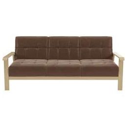 Sit & More 3-Sitzer SIT & MORE "Billund" Sofas Gr. B/H/T: 199cm x 88cm x 106cm, Luxus-Microfaser Vintageoptik, ohne Schlaffunktion, braun (nougat) Armlehnen aus Buchenholz in natur, verschiedene Bezüge und Farben