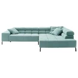 Ecksofa Inosign "Ancona New, wahlweise motorische Sitztiefenverstellung, auch Cord" Sofas Gr. Cord, Recamiere rechts, ohne Sitztiefenverstellung, blau (hellblau) Ecksofa feine Steppung, mit Kopfteilverstellung, 3 Zierkissen, L-Form