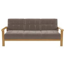 Sit & More 3-Sitzer SIT & MORE "Billund" Sofas Gr. B/H/T: 199cm x 88cm x 106cm, Luxus-Microfaser Vintageoptik, mit Schlaffunktion, grau (taupe) Armlehnen aus eichefarbigem Buchenholz, verschiedene Bezüge und Farben