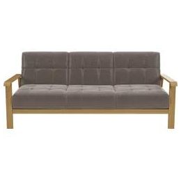 Sit & More 3-Sitzer SIT & MORE "Billund" Sofas Gr. B/H/T: 199cm x 88cm x 106cm, Luxus-Microfaser Vintageoptik, ohne Schlaffunktion, grau (taupe) Armlehnen aus eichefarbigem Buchenholz, verschiedene Bezüge und Farben