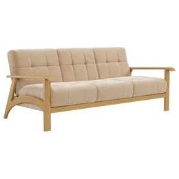 Sit & More 3-Sitzer SIT & MORE "Billund" Sofas Gr. B/H/T: 199cm x 88cm x 106cm, Luxus-Microfaser ALTARA NUBUCK, mit Schlaffunktion, braun (macciato) Armlehnen aus eichefarbigem Buchenholz, verschiedene Bezüge und Farben