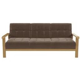 Sit & More 3-Sitzer SIT & MORE "Billund" Sofas Gr. B/H/T: 199cm x 88cm x 106cm, Luxus-Microfaser Vintageoptik, ohne Schlaffunktion, braun (nougat) Armlehnen aus eichefarbigem Buchenholz, verschiedene Bezüge und Farben