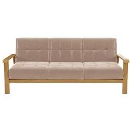 Sit & More 3-Sitzer SIT & MORE "Billund" Sofas Gr. B/H/T: 199cm x 88cm x 106cm, Luxus-Microfaser Vintageoptik, mit Schlaffunktion, beige Armlehnen aus eichefarbigem Buchenholz, verschiedene Bezüge und Farben