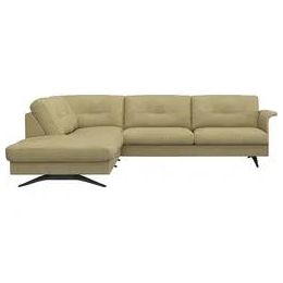 Ecksofa FLEXLUX "Glow bequem und komfortabel durch hochwertigen Sitzaufbau, L-Form" Sofas Gr. B/H/T: 268cm x 81cm x 224cm, Bouclé, Ottomane rechts, Armlehnen in Walnuss, gelb (mustard gelb) Skandinavisches Design, In hochwertiger Verarbeitung