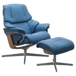 Relaxsessel stressless "Reno" Sessel Gr. Material Bezug, Material Gestell, Ausführung / Funktion, Maße B/H/T, blau (lazuli blau) mit Hocker, Cross Base, Größe S, M & L, Holzakzent Eiche