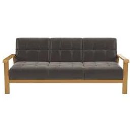 Sit & More 3-Sitzer SIT & MORE "Billund" Sofas Gr. B/H/T: 199cm x 88cm x 106cm, Luxus-Microfaser Vintageoptik, mit Schlaffunktion, grau (anthrazit) Armlehnen aus eichefarbigem Buchenholz, verschiedene Bezüge und Farben