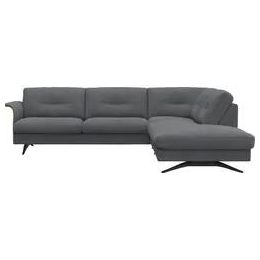 Ecksofa FLEXLUX "Glow bequem und komfortabel durch hochwertigen Sitzaufbau, L-Form" Sofas Gr. B/H/T: 268cm x 81cm x 224cm, Lederoptik, Ottomane links, Armlehnen in Walnuss, grau (elephant grey) Skandinavisches Design, In hochwertiger Verarbeitung