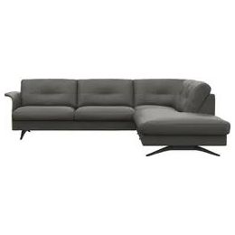 Ecksofa FLEXLUX "Glow bequem und komfortabel durch hochwertigen Sitzaufbau, L-Form" Sofas Gr. B/H/T: 268cm x 81cm x 224cm, Echtleder, Ottomane links, Armlehnen in Walnuss, grau (warm mineral grau) Skandinavisches Design, In hochwertiger Verarbeitung