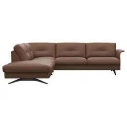 Ecksofa FLEXLUX "Glow bequem und komfortabel durch hochwertigen Sitzaufbau, L-Form" Sofas Gr. B/H/T: 268cm x 81cm x 224cm, Echtleder, Ottomane rechts, Armlehnen in Walnuss, braun (old chesnut brown) Skandinavisches Design, In hochwertiger Verarbeitung