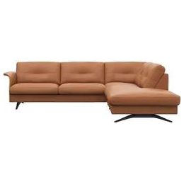 Ecksofa FLEXLUX "Glow bequem und komfortabel durch hochwertigen Sitzaufbau, L-Form" Sofas Gr. B/H/T: 268cm x 81cm x 224cm, Echtleder, Ottomane links, Armlehnen in Walnuss, braun (modern cognac brown) Skandinavisches Design, In hochwertiger Verarbeitung