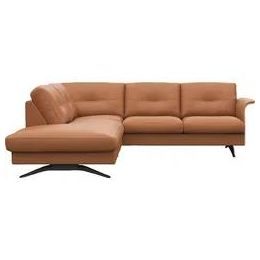 Ecksofa FLEXLUX "Glow, super bequem durch hochwertigem Sitzaufbau mit Federkern, L-Form" Sofas Gr. B/H/T: 236cm x 81cm x 224cm, Echtleder, Ottomane links, Armlehnen in Walnuss, braun (modern cognac braun) Modernes skandinavisches Design