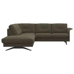 Ecksofa FLEXLUX "Glow, super bequem durch hochwertigem Sitzaufbau mit Federkern, L-Form" Sofas Gr. B/H/T: 236cm x 81cm x 224cm, Lederoptik, Ottomane links, Armlehnen in Walnuss, braun (camel braun) Modernes skandinavisches Design