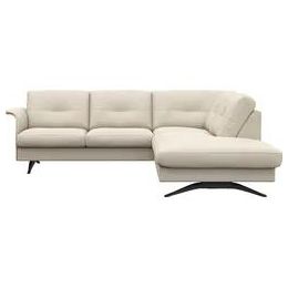 Ecksofa FLEXLUX "Glow, super bequem durch hochwertigem Sitzaufbau mit Federkern, L-Form" Sofas Gr. B/H/T: 236cm x 81cm x 224cm, Echtleder, Ottomane rechts, Armlehnen in Walnuss, weiß (warm weiß) Modernes skandinavisches Design