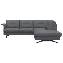 Ecksofa FLEXLUX "Glow, super bequem durch hochwertigem Sitzaufbau mit Federkern, L-Form" Sofas Gr. B/H/T: 236cm x 81cm x 224cm, Bouclé, Ottomane rechts, Armlehnen in Walnuss, blau (navy blau) Modernes skandinavisches Design