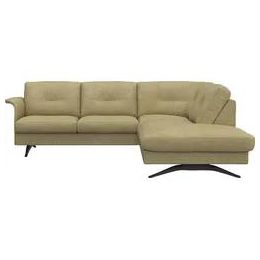 Ecksofa FLEXLUX "Glow, super bequem durch hochwertigem Sitzaufbau mit Federkern, L-Form" Sofas Gr. B/H/T: 236cm x 81cm x 224cm, Bouclé, Ottomane rechts, Armlehnen in Walnuss, gelb (mustard gelb) Modernes skandinavisches Design