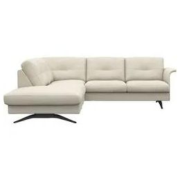 Ecksofa FLEXLUX "Glow, super bequem durch hochwertigem Sitzaufbau mit Federkern, L-Form" Sofas Gr. B/H/T: 236cm x 81cm x 224cm, Echtleder, Ottomane links, Armlehnen in Walnuss, weiß (warm weiß) Modernes skandinavisches Design