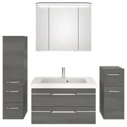 Badmöbel-Set SAPHIR "Balto Sprint 4-teilig, Mineralmarmor-Waschtisch mit LED-Spiegelschrank" Kastenmöbel-Sets Gr. B/H/T: 152 cm x 200 cm x 50,8 cm, 1 Mineralmarmor-Waschtisch weiß-1 Waschtischunterschrank mit 2 Auszügen-1 Spiegelschrank mit 3 Drehtüren-1 LED-Lichtkranz-1 Unterschrank mit 1 Drehtür, 1 Auszug-1 Midischrank mit 1 Drehtür, 2 Auszügen, grau (graphit struktur quer nachbildung) Midischra