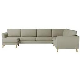 Wohnlandschaft Home Affaire "MARSEILLE XXL 349cm, U-Form, Ottomane rechts/links wählbar" Sofas Gr. B/H/T: 349cm x 88cm x 242cm, Flachgewebe, Ottomane links, beige Massivholzbeine aus Eiche, In verschieden Bezügen und Farbvarianten