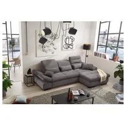 Ecksofa SET ONE BY Musterring "SO4100 V" Sofas Gr. B/H/T: 284cm x 80cm x 190cm, Breitcord, Recamiere rechts, mit Kopfteilverstellung-mit Nierenkissen-PUR-Schaumstoff-ohne Bettfunktion-ohne Bettkasten-mit Nierenkissen-PUR-Schaumstoff-PUR-Schaumstoff-Wellenunterfederung, grau mit verstellbaren Kopfteilen, wahlweise Funktionen, Cord-Bezug