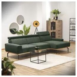 Ecksofa Max Winzer "Designsofa hoher Sitzkomfort durch verstellbare Kopfteile, Cord Bezug" Sofas Gr. Longchair rechts, grün (dunkelgrün) umlaufender Echtholzsockelrahmen, feste Polsterung