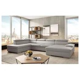 Sit & More Wohnlandschaft SIT & MORE "Valantine U-Form" Sofas Gr. B/H/T: 349cm x 73cm x 226cm, NaturLEDER, Recamiere rechts, mit Bettfunktion, grau (light grey) inkl. Kopf- und Armteilverstellung, wahlweise mit Bettfunktion