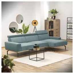 Ecksofa Max Winzer "Designsofa hoher Sitzkomfort durch verstellbare Kopfteile, Cord Bezug" Sofas Gr. Longchair rechts, blau (eisblau) umlaufender Echtholzsockelrahmen, feste Polsterung