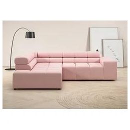 Ecksofa Inosign "Ancona, incl. Kopfteilverstellung + 3 Zierkissen L-Form" Sofas Gr. B/H/T: 249cm x 70cm x 215cm, Velours, Recamiere links, ohne Sitztiefenverstellung, rosa (rosé) wahlweise motorische Sitztiefenverstellung, BT(H: 24921570 cm